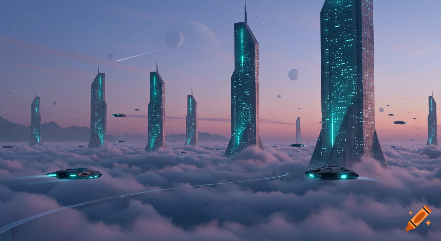Futuristic city with glowing skyscrapers emerging from a sea of clouds ...