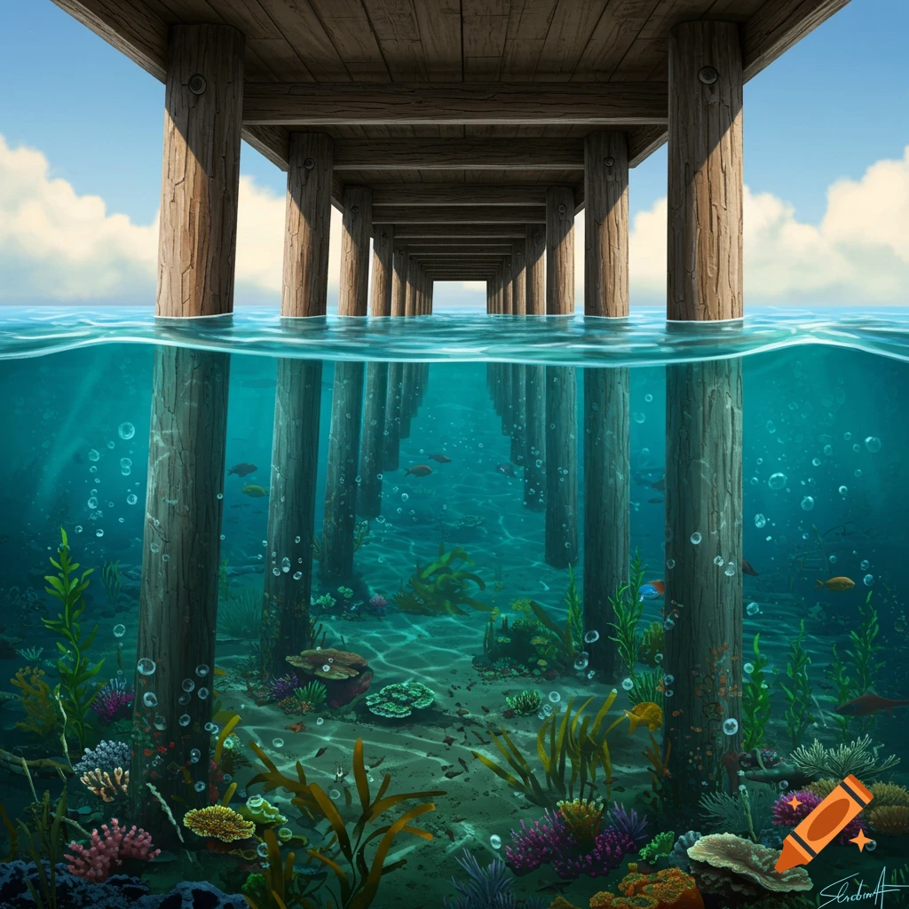 Detailed 2D drawing of an underwater scene with lush green seaweed ...