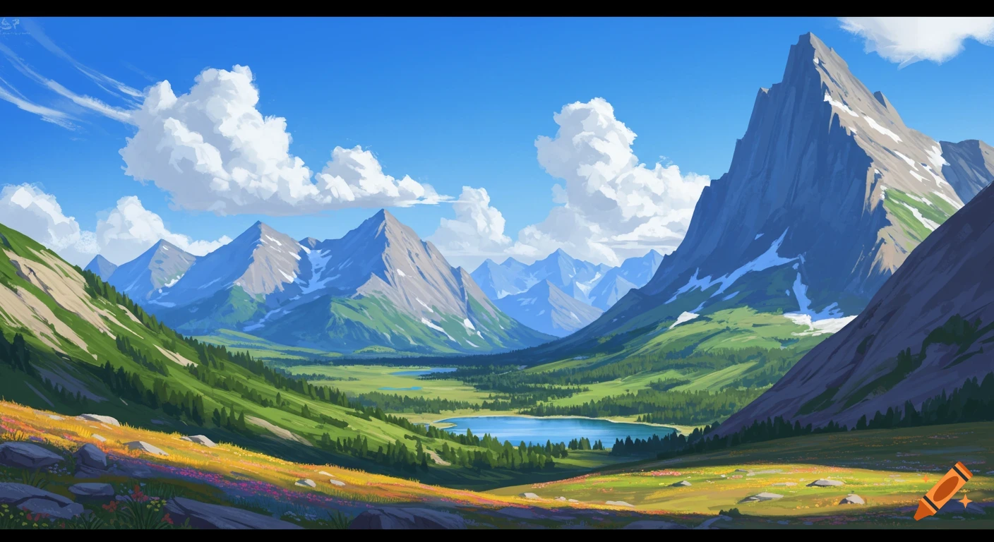 A vibrant, stylized landscape depicting a valley with a blue lake ...