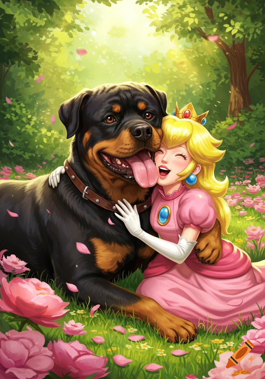 Princess Peach and a Rottweiler hug in a lush, flower-filled garden ...