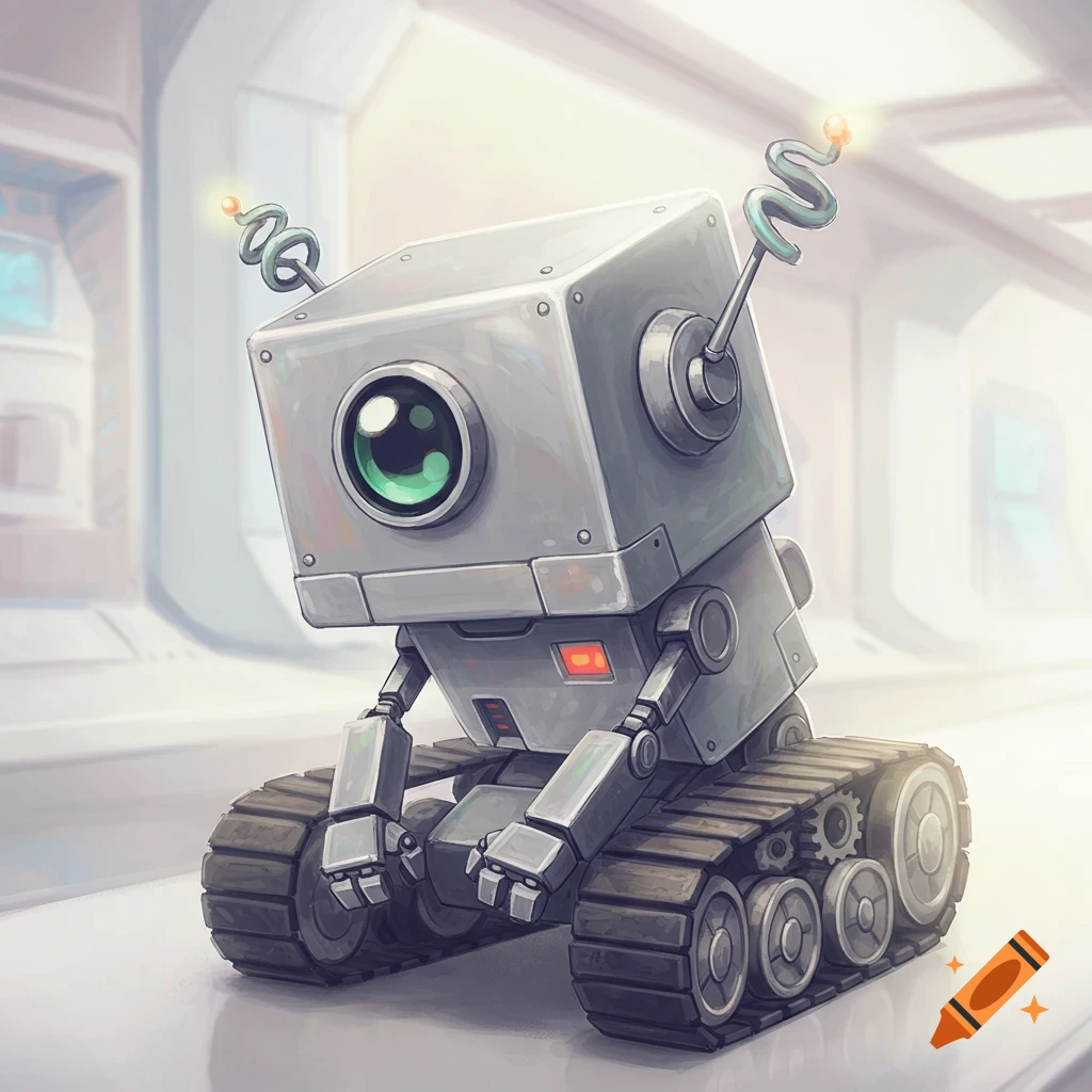 A cute, cube-shaped silver robot with one large green eye, two antennas ...