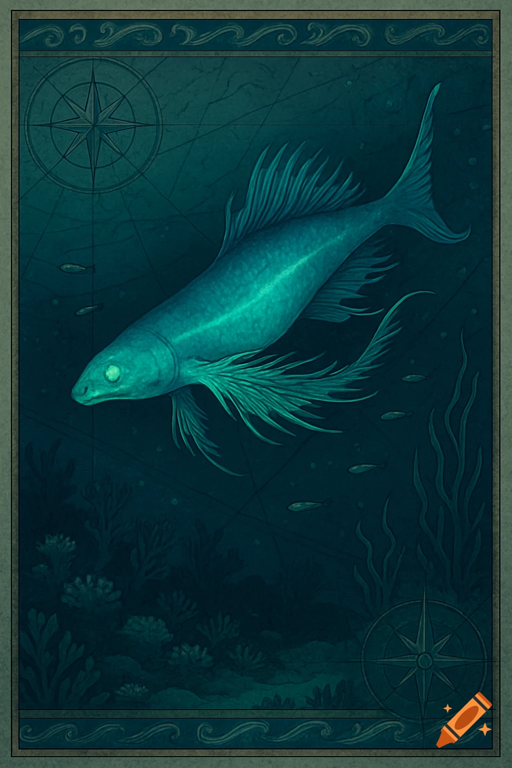 Stylized guild logo with a blue whale surfacing from teal waves ...