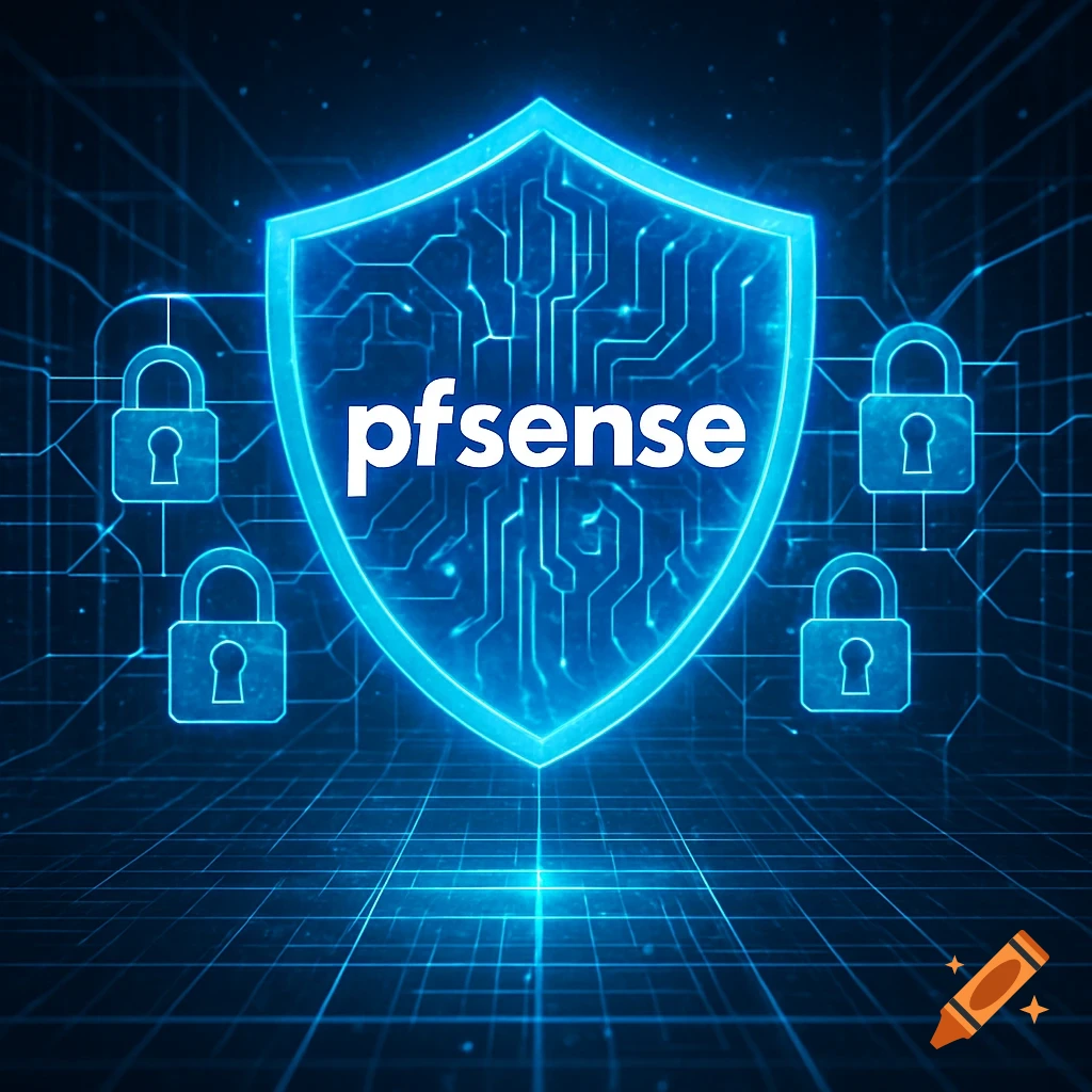 Glowing blue shield with 'pfsense' text, surrounded by padlocks on a ...