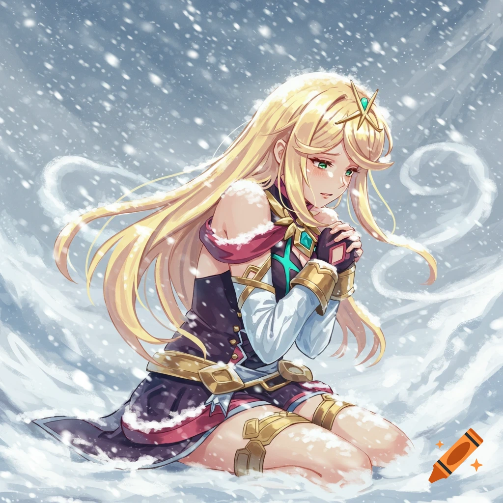 An anime character with long blonde hair, Mythra, kneels in falling ...