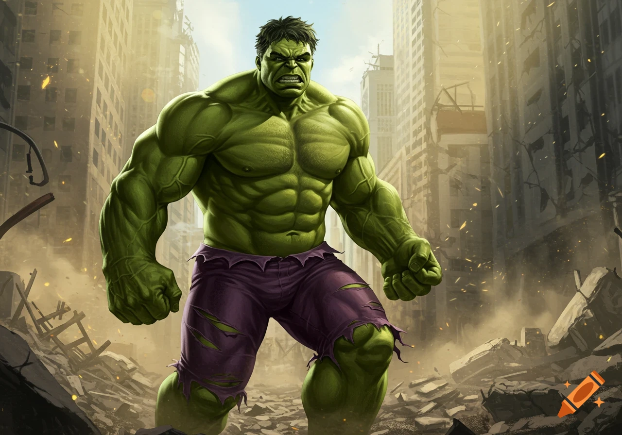 The Hulk, a large muscular green figure in torn purple pants, stands ...