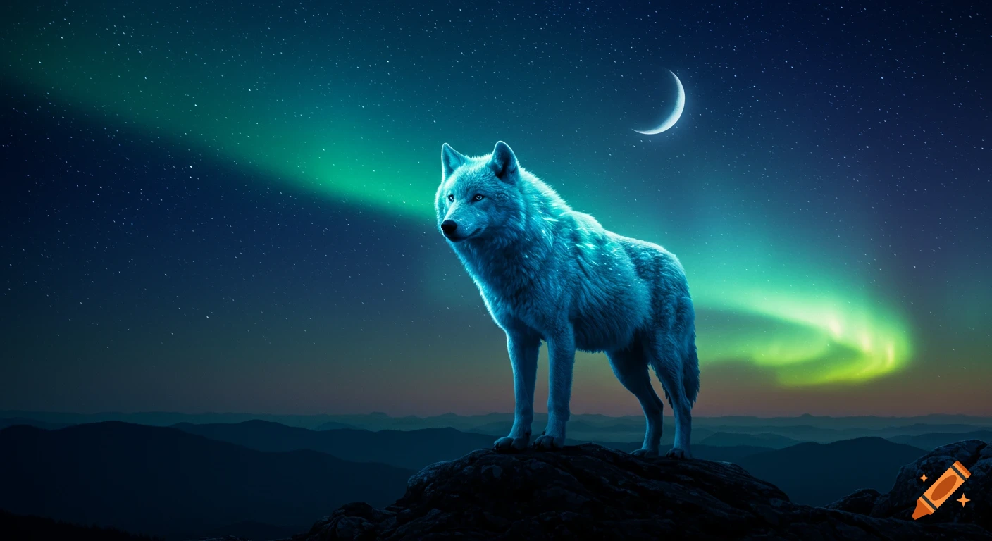 A photorealistic image of a grey wolf leading a pack of white and black ...