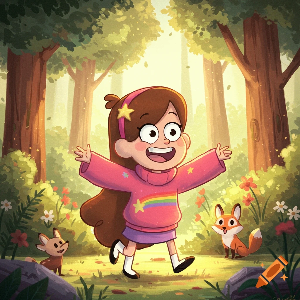 Mabel Pines, a cartoon girl with long brown hair and a pink star ...