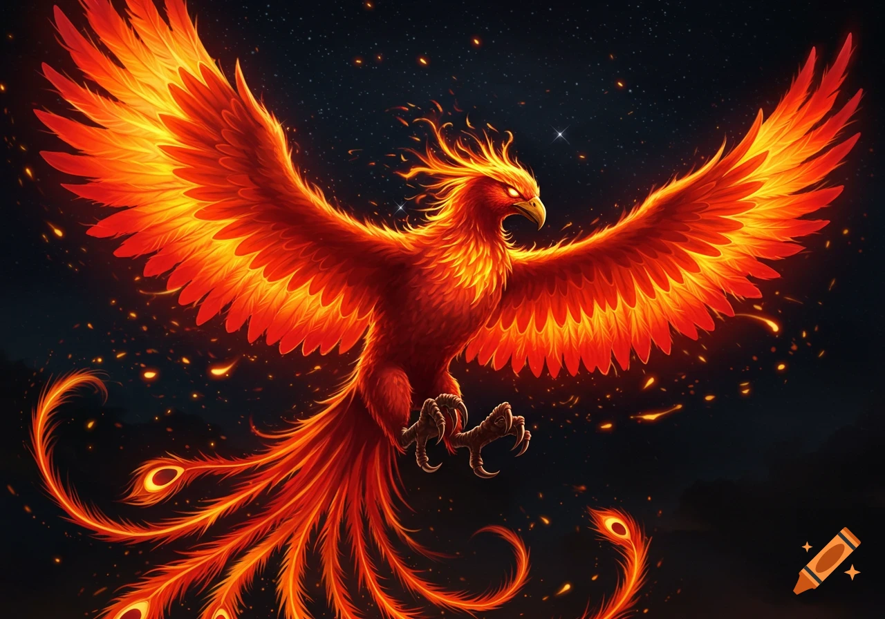 A vibrant fiery phoenix with ornate golden and jeweled chest feathers ...