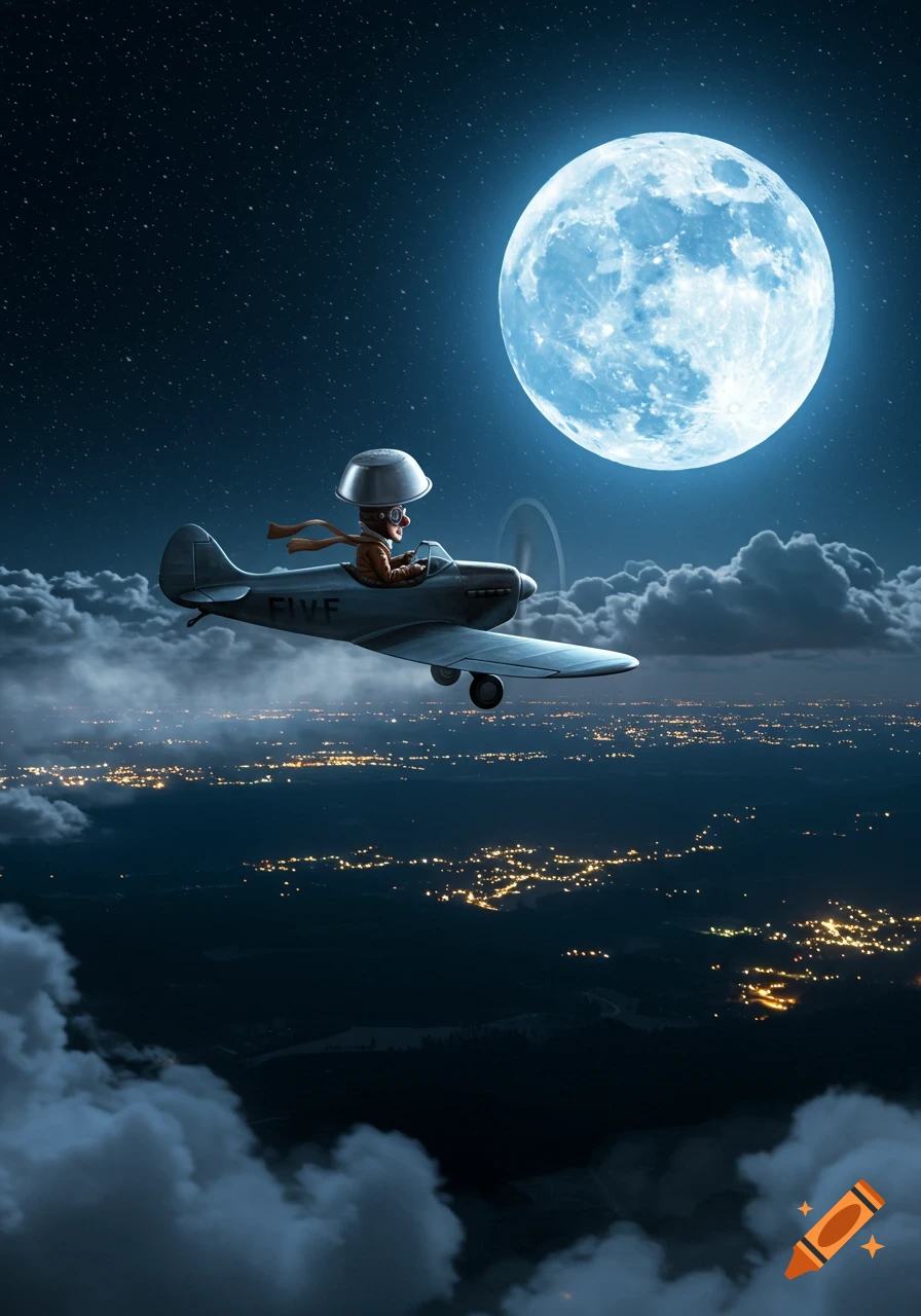 A cartoon pilot wearing a bowl flies a small plane under a large full ...