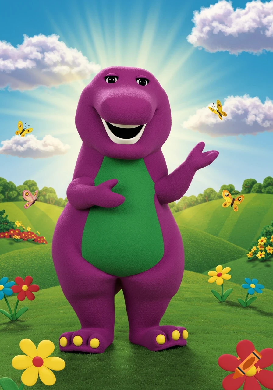Cartoon purple dinosaur Barney stands in a sunny field of sunflowers ...