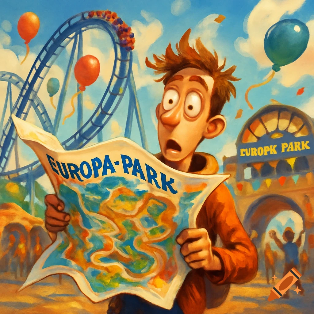 A confused cartoon man holds a map at an amusement park with a ...