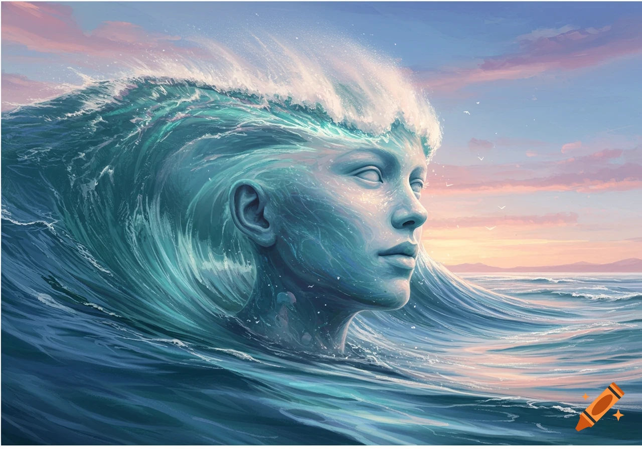 Surreal digital art of a serene human face emerging from a cresting ...