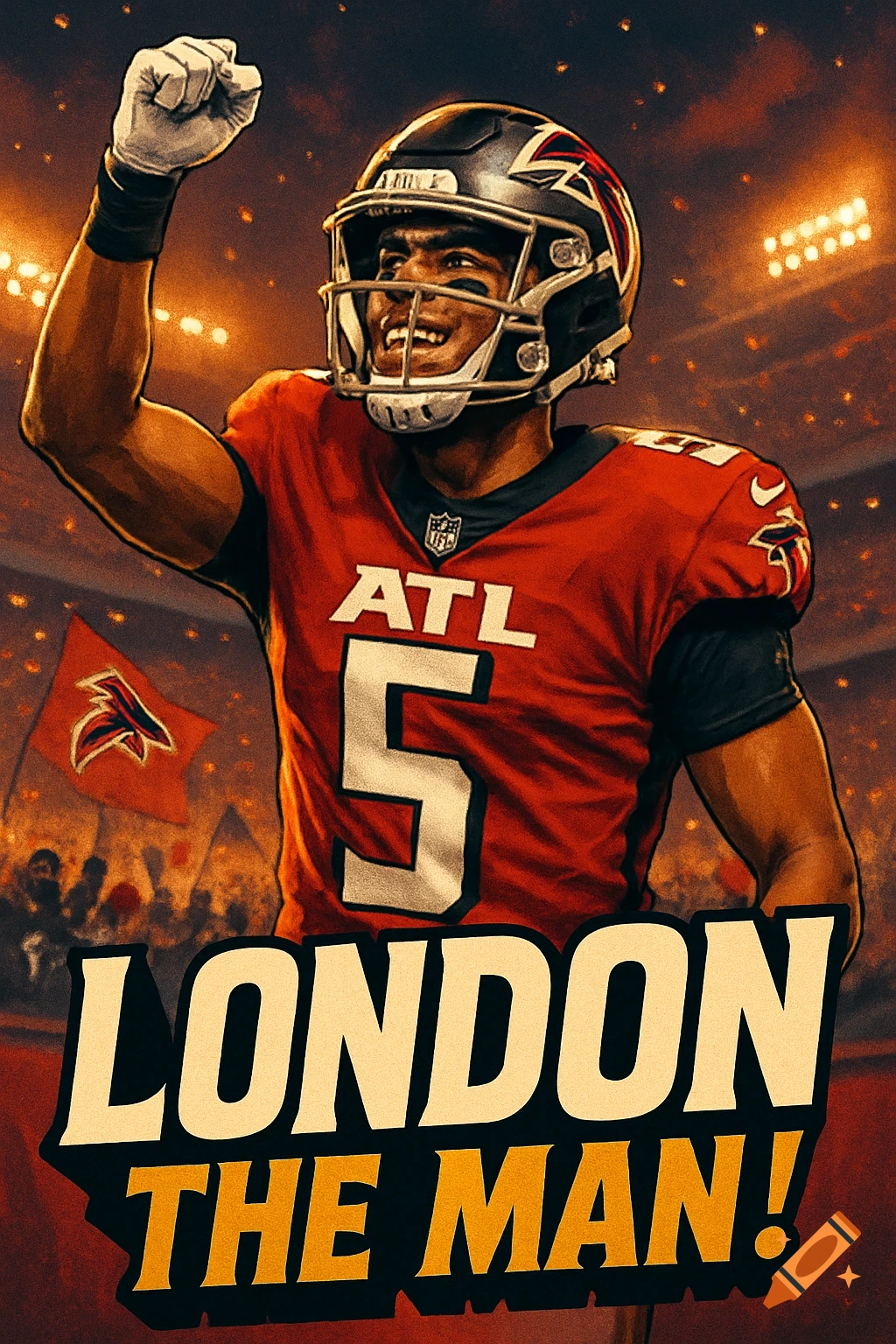 A stylized illustration of an Atlanta Falcons football player in a red ...