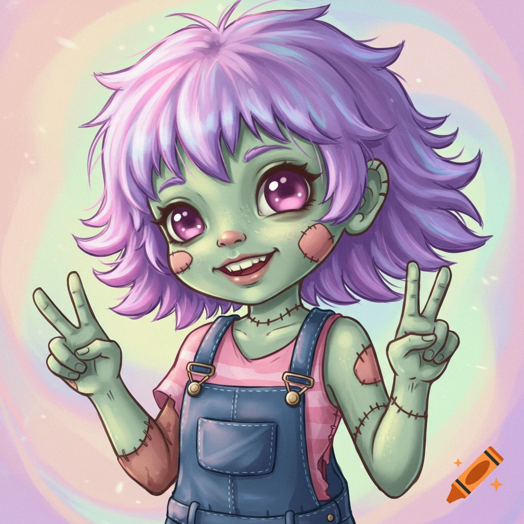 Cute cartoon zombie girl with purple hair, green skin, and stitches ...