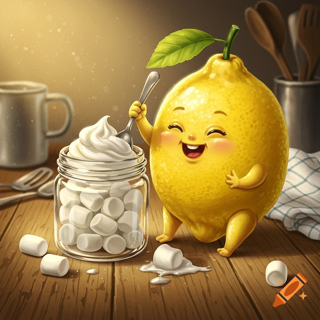 A cute cartoon orange with a leaf on its head sits at a wooden desk ...