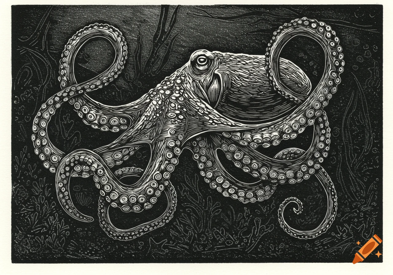A monochrome woodblock print of a large octopus with tentacles ...