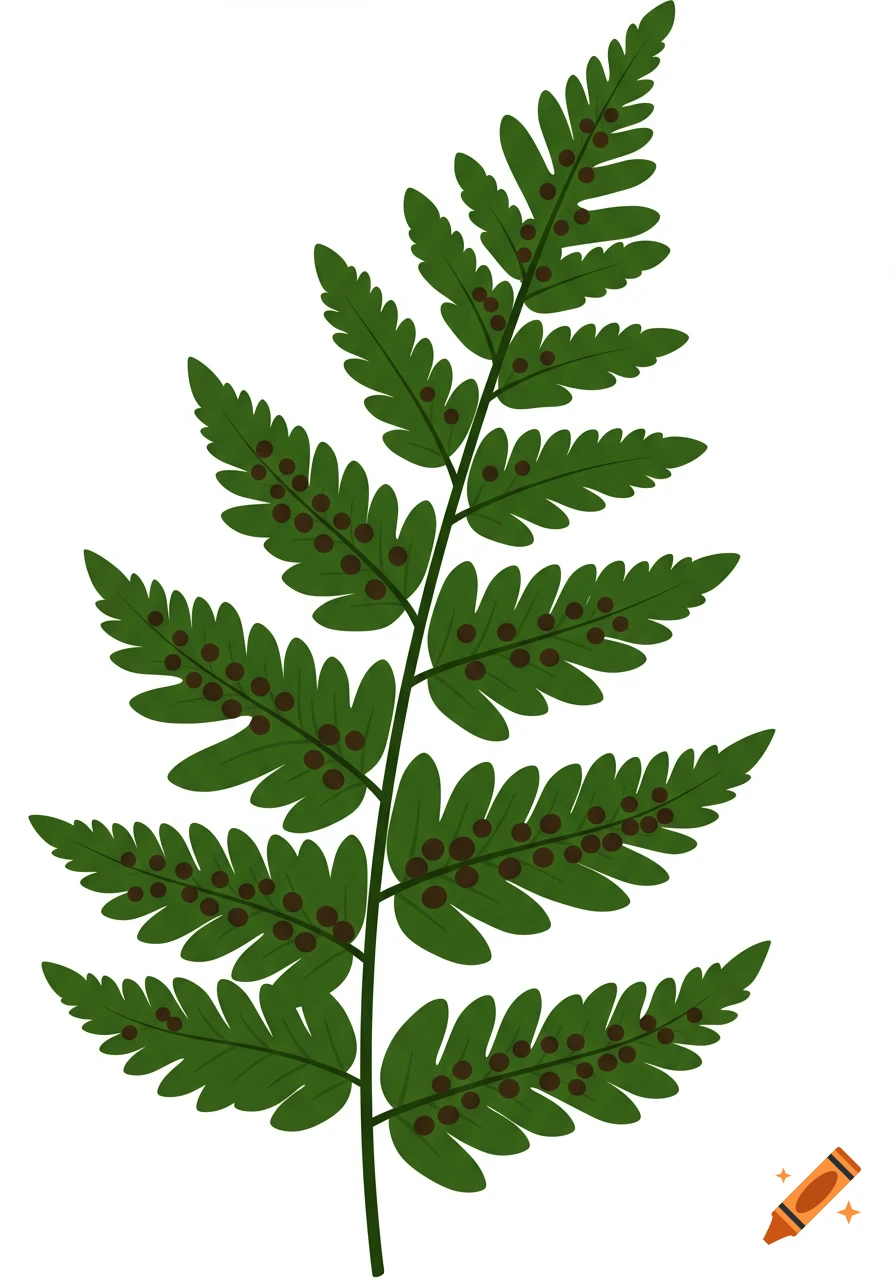 Stylized illustration of a green fern frond with brown spore dots. on ...