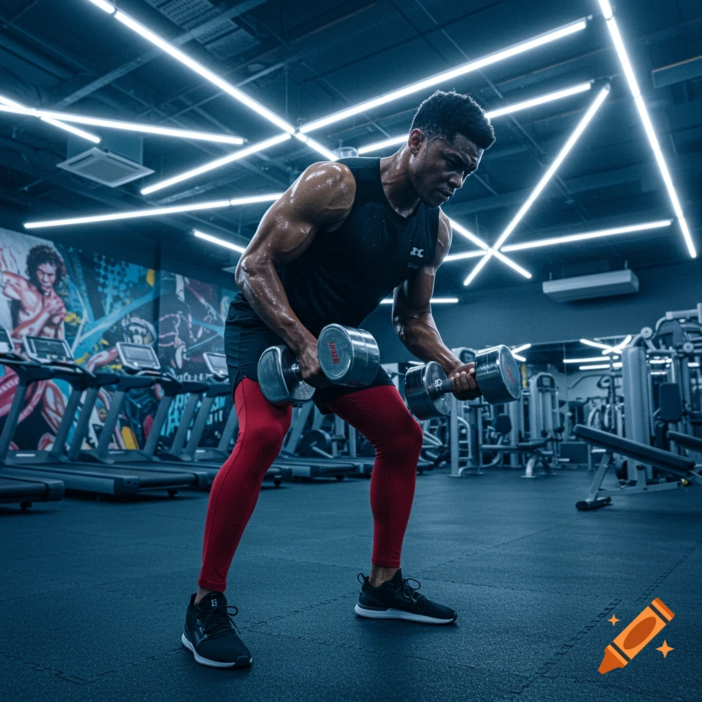 A muscular, sweaty man in a black tank top and red leggings performs ...