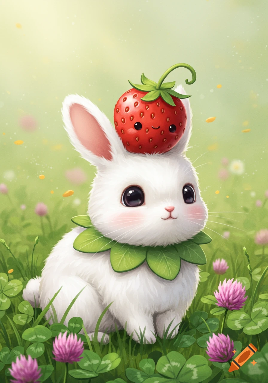 A fluffy white rabbit with a smiling strawberry on its head and a leaf ...