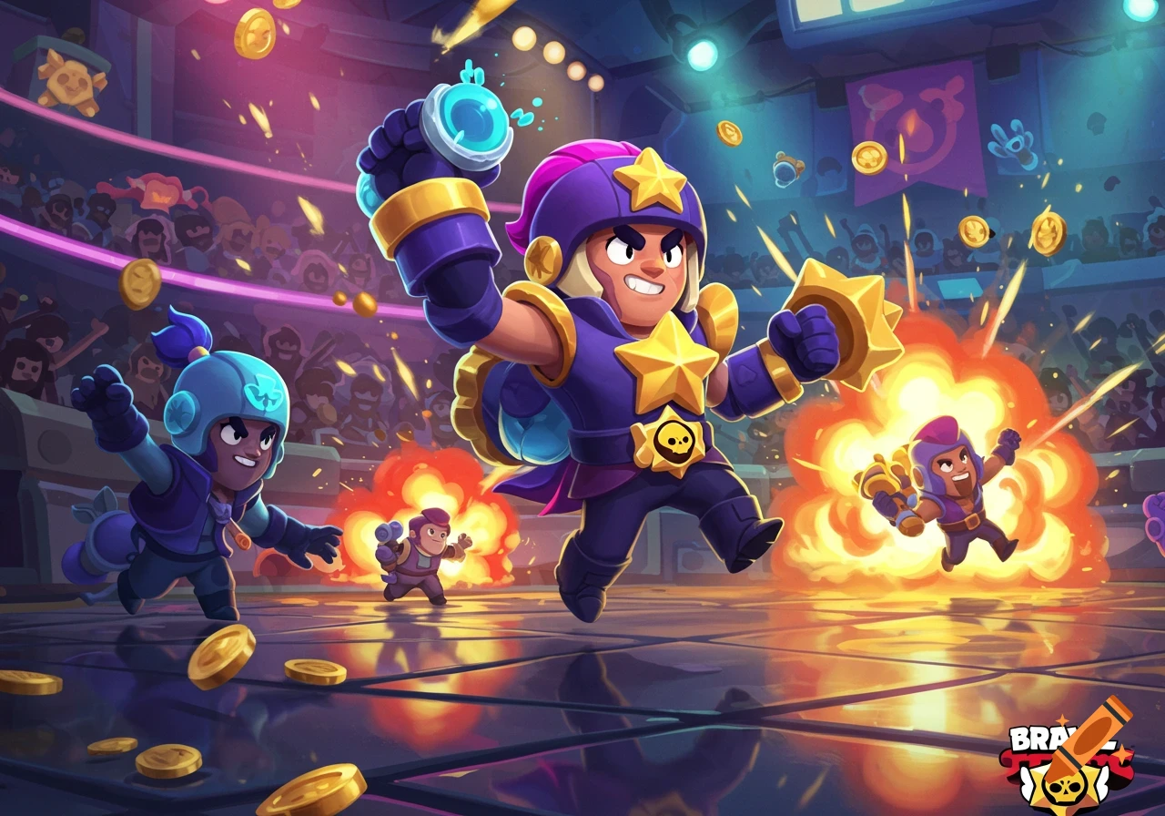 Four colorful animated Brawl Stars characters battle in a vibrant ...