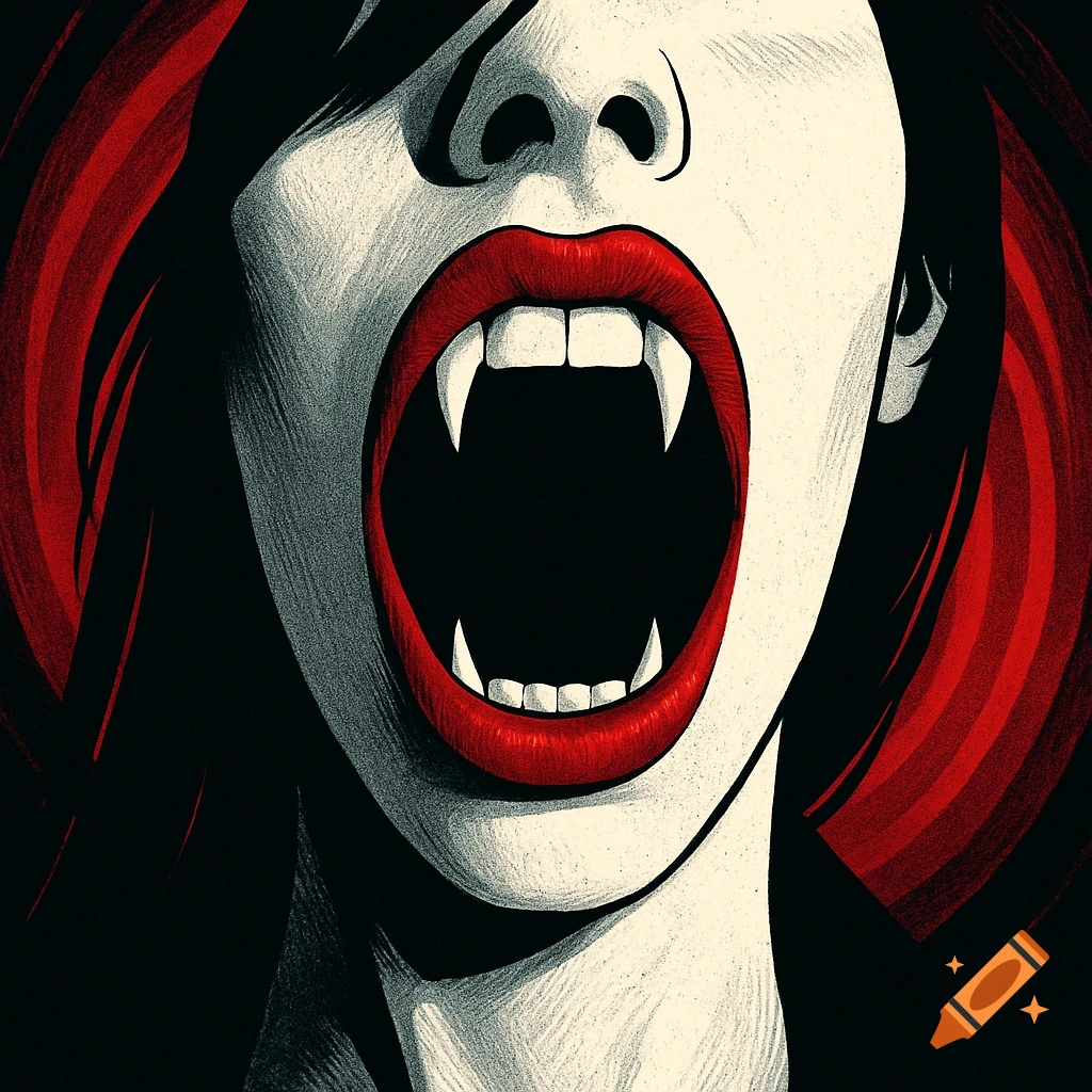 A close-up illustration of a woman's mouth with red lipstick and sharp ...