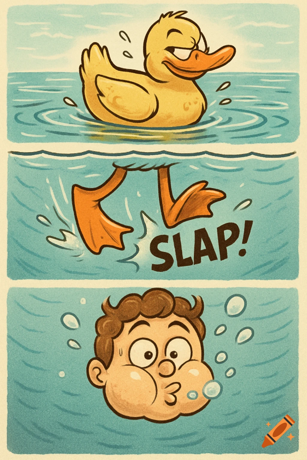 Three-panel comic showing a smug duck slapping the water, revealing a ...