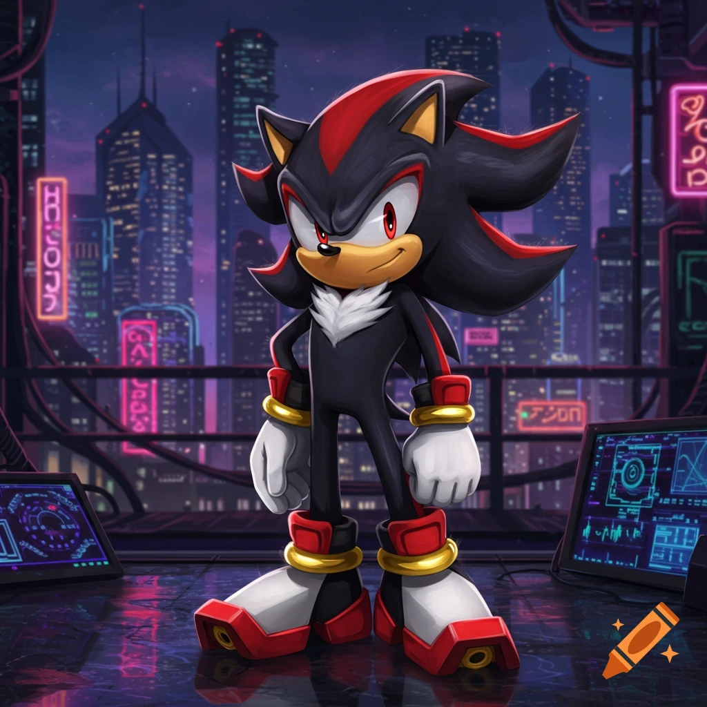Shadow the Hedgehog smirking, standing in a futuristic city with neon ...