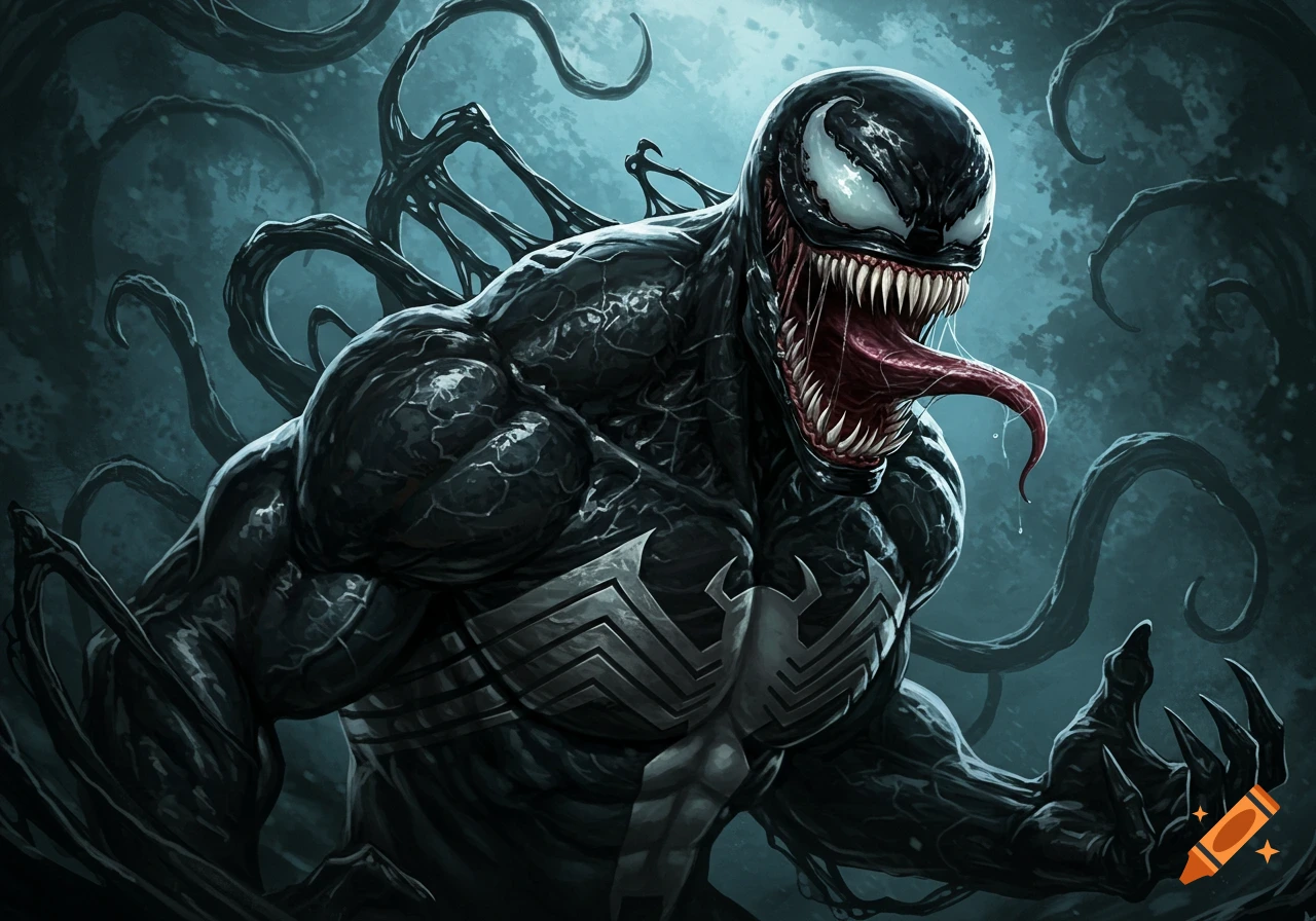 Close-up portrait of the Marvel character Venom with sharp teeth and ...