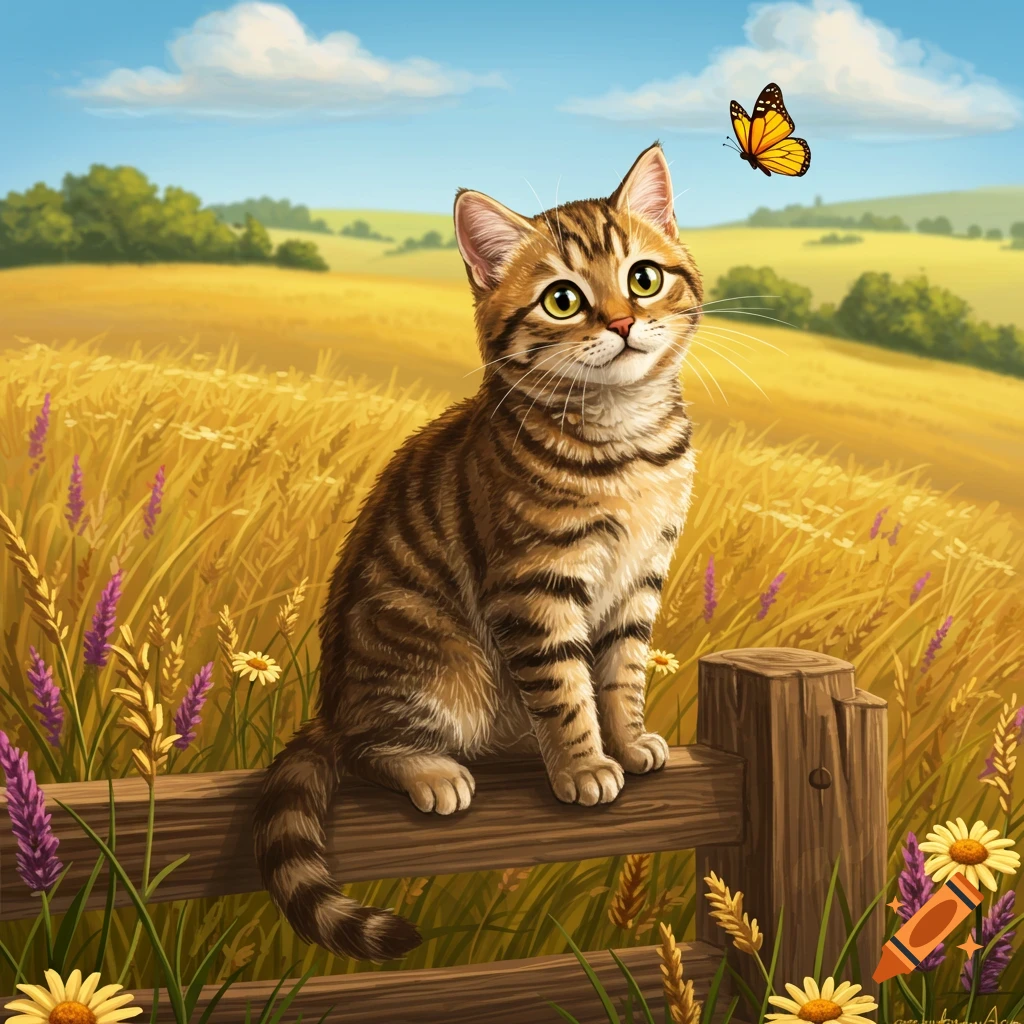 A vibrant cartoon landscape with a cow, turtle, cat, tiger, bird, and fish gathered around a ...