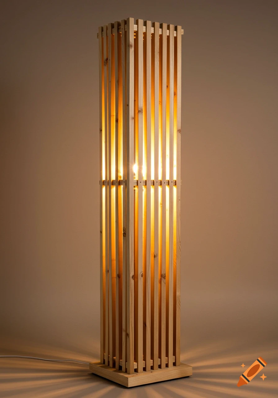 Tall wooden slat lamp with warm light glowing from within, casting ...