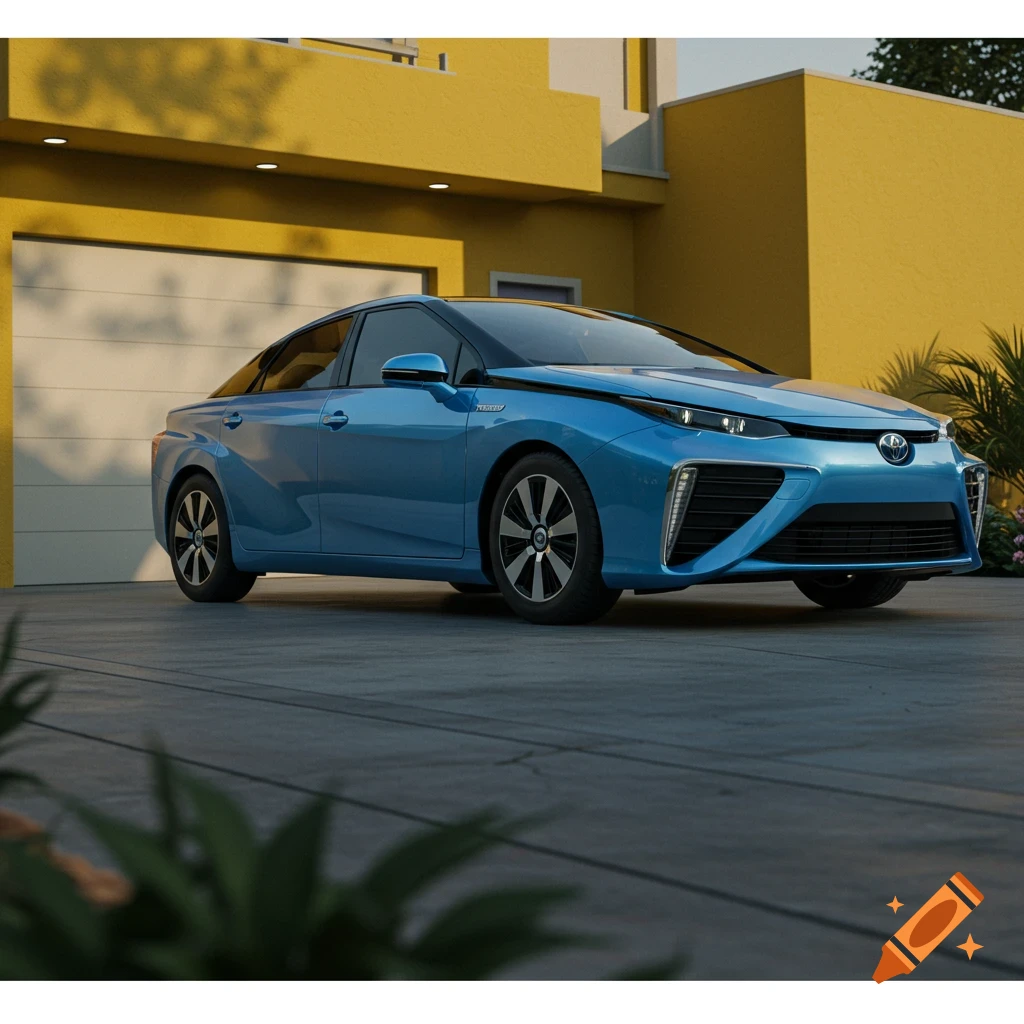 A vibrant sky blue metallic Toyota Mirai car is parked in a modern ...
