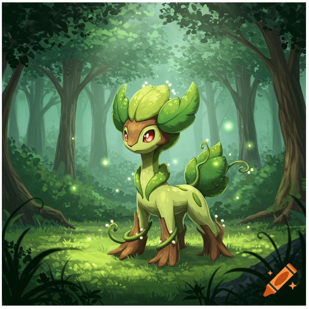 A green, plant-like creature resembling a Pokemon stands in a vibrant ...