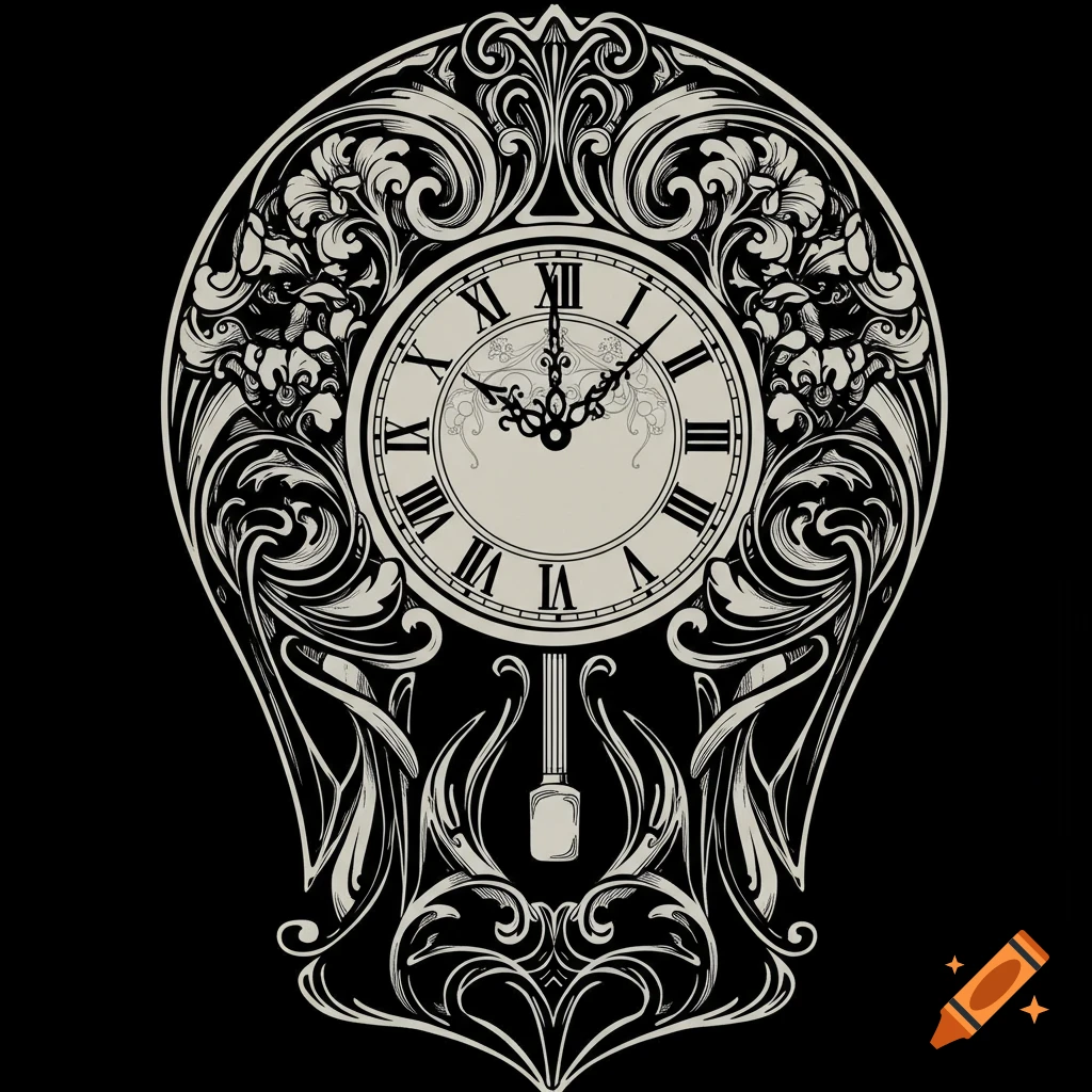 An ornate black and white Art Nouveau style clock with Roman numerals ...