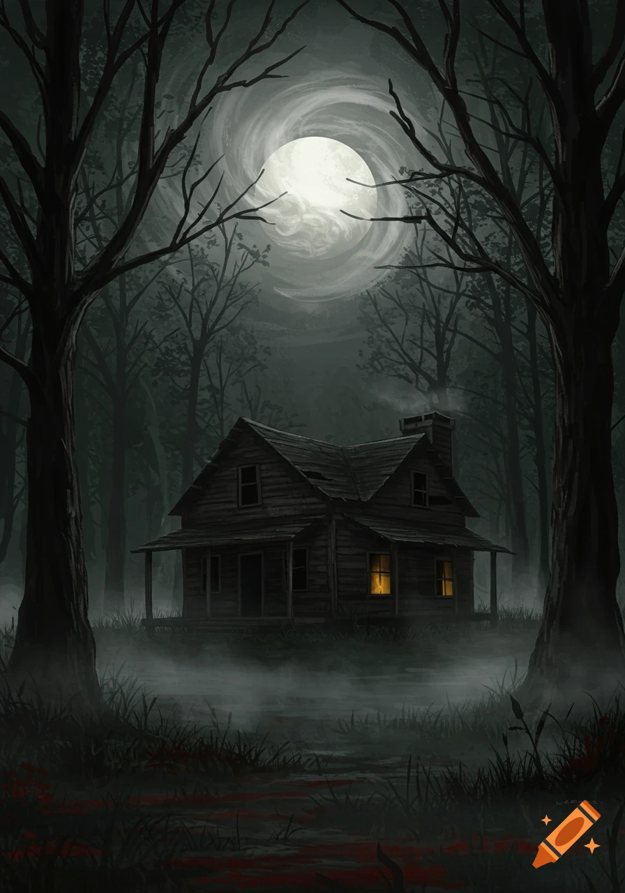 A dark, stylized haunted house with ghostly figures and fire in windows ...