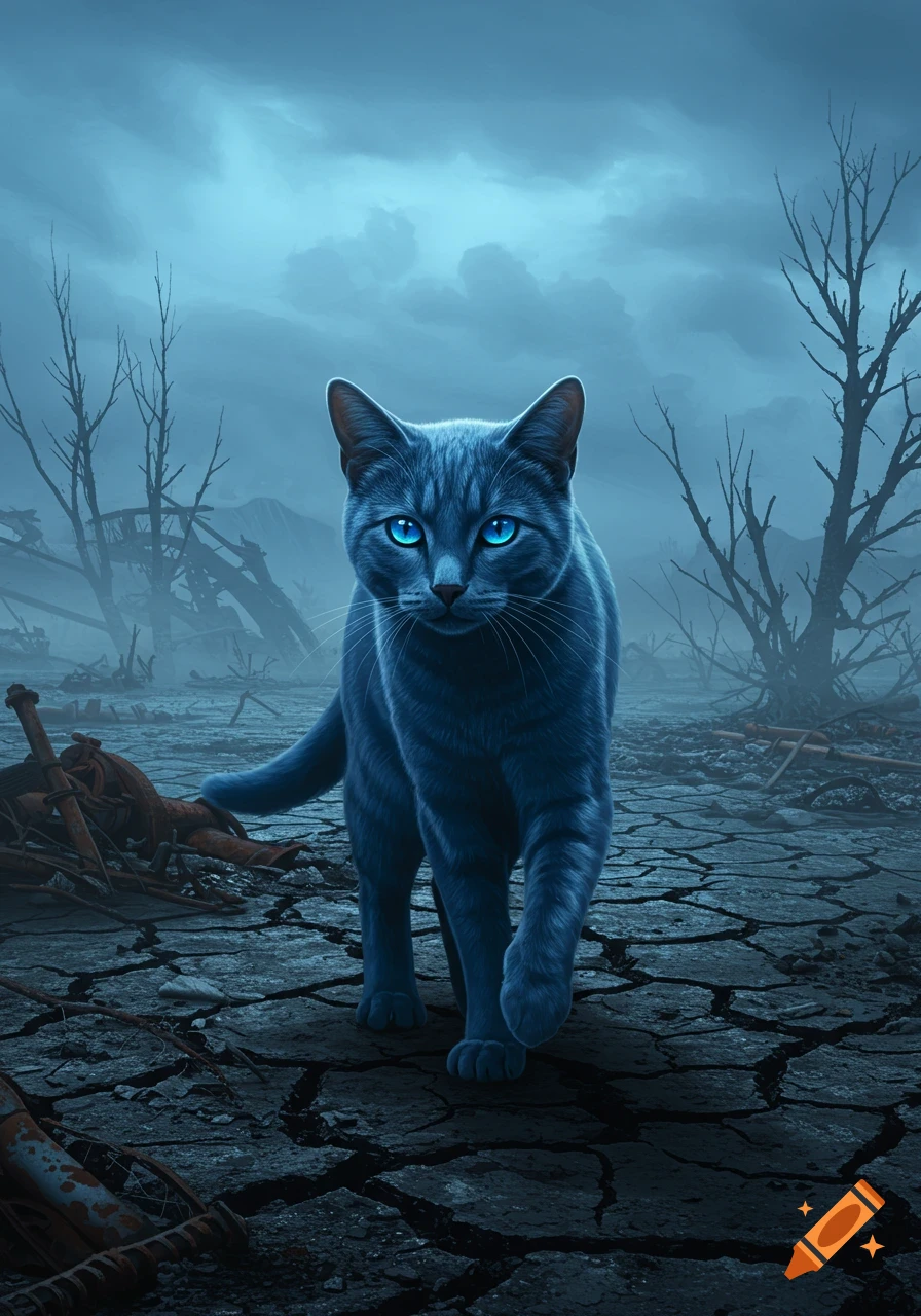 A majestic black cat with golden stripes and glowing eyes stands in a ...