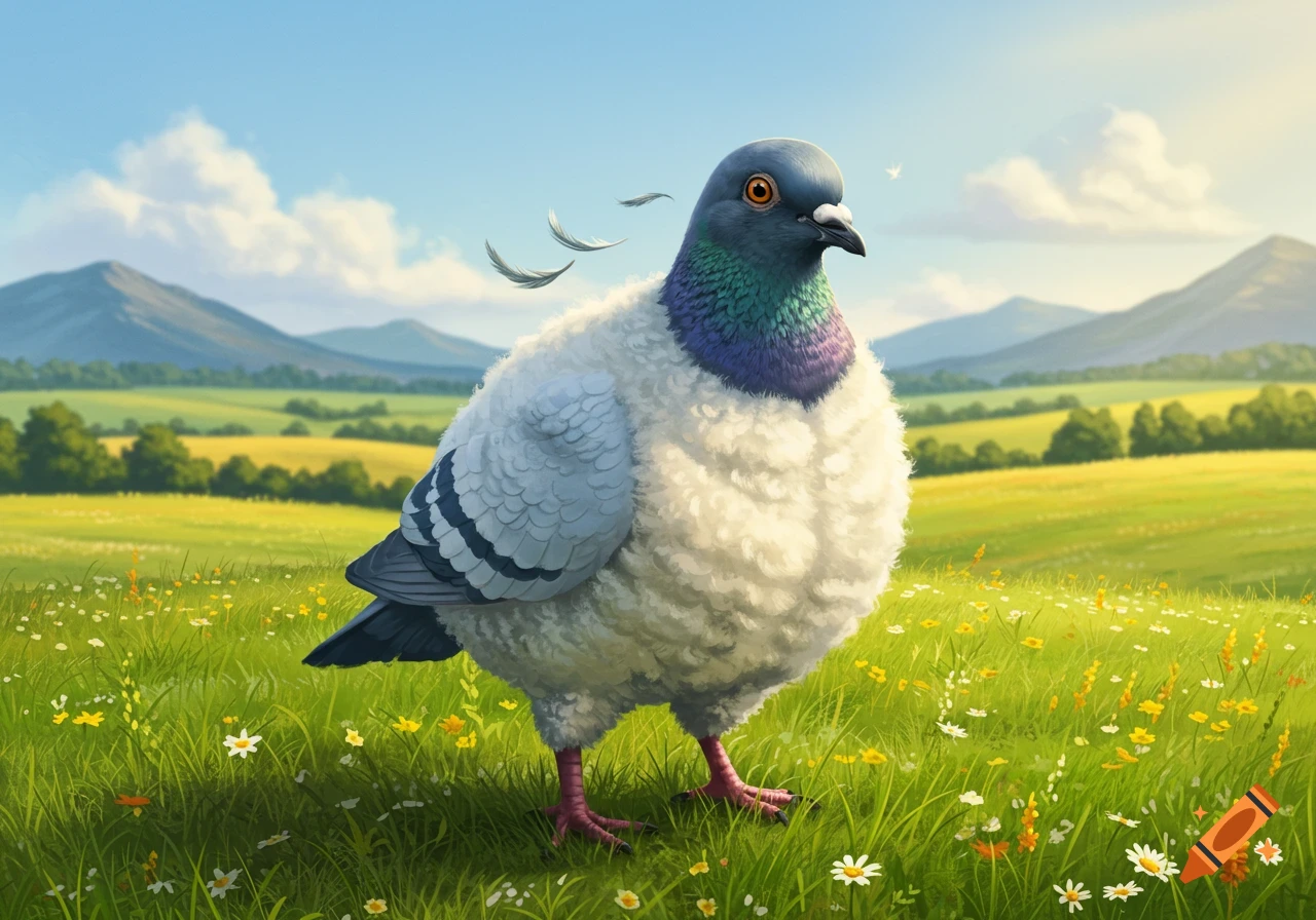 A fluffy, grey and white pigeon-sheep hybrid stands in a vibrant green ...