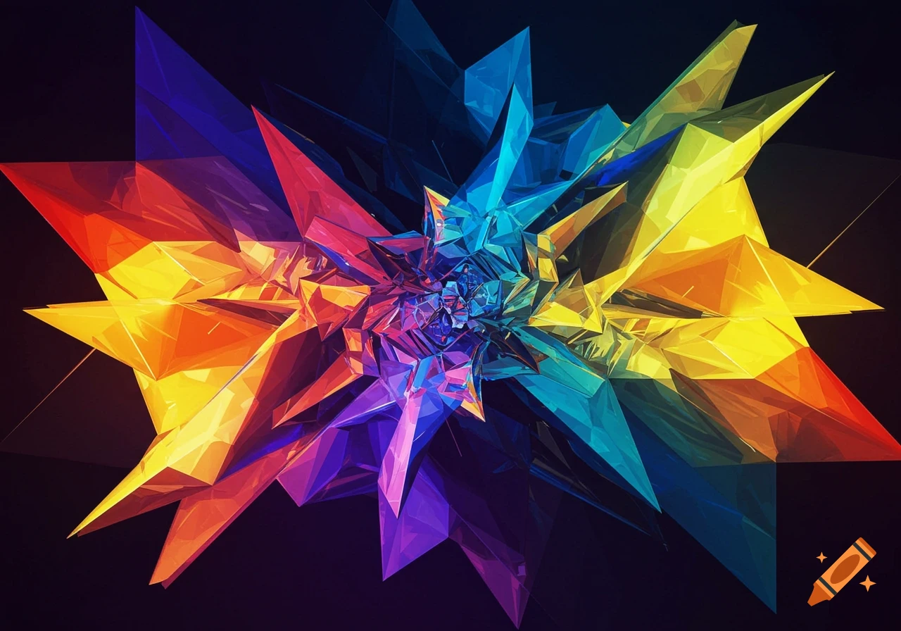 A vibrant, colorful abstract geometric explosion of sharp, multifaceted ...