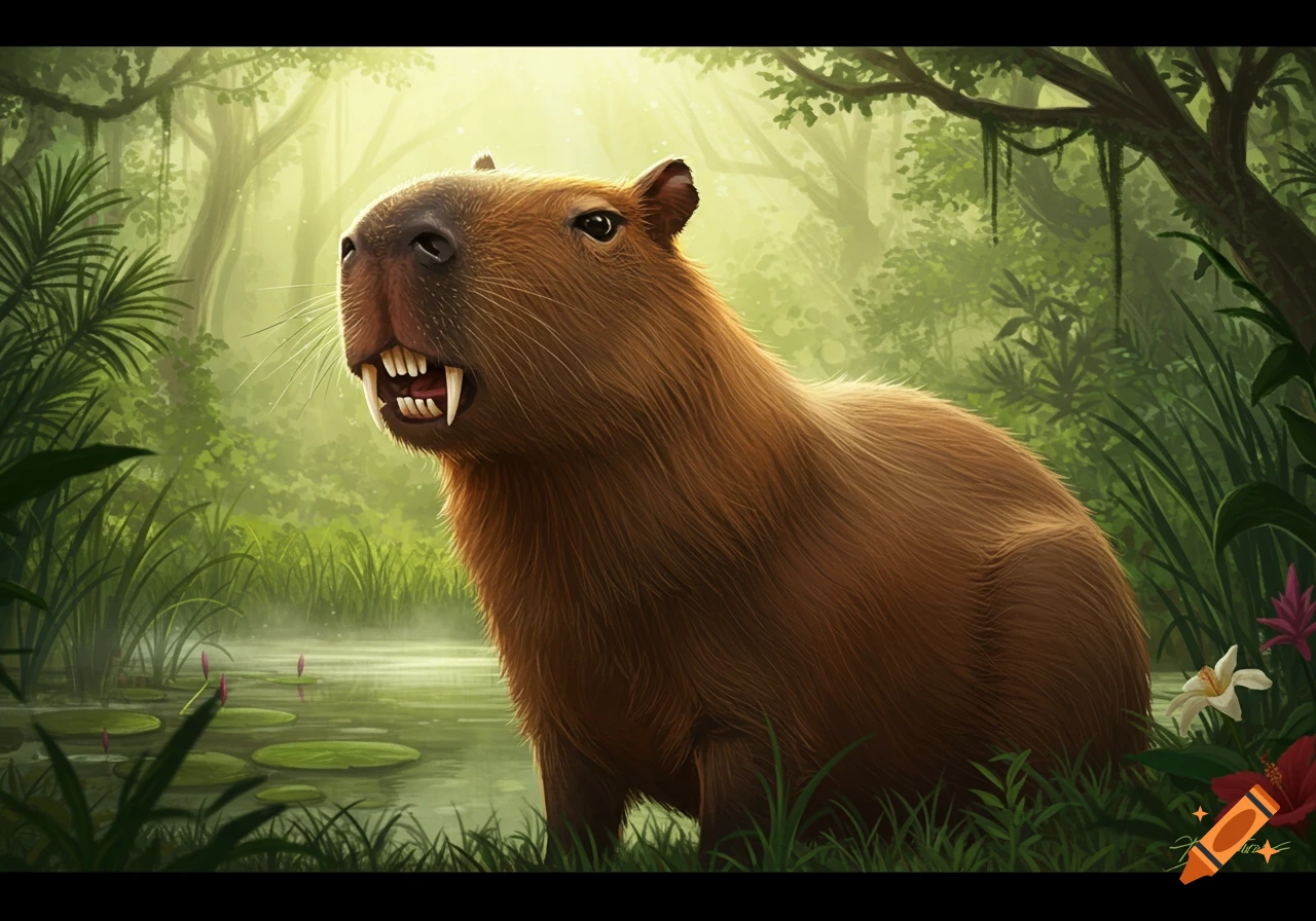 A realistic capybara stands on blocky grass next to a blocky pond in a ...