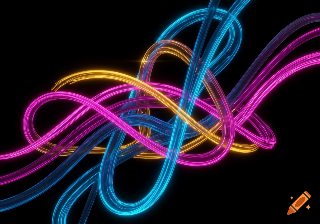 Intertwined glowing neon lines in magenta, cyan, and yellow create an ...