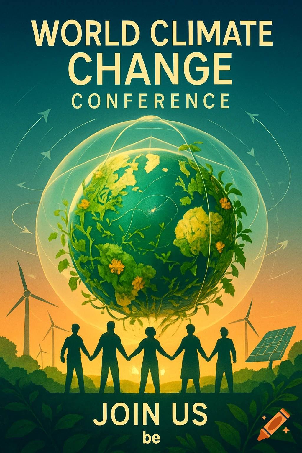 An artistic poster of hands holding a globe, with 'WORLD CLIMATE CHANGE ...