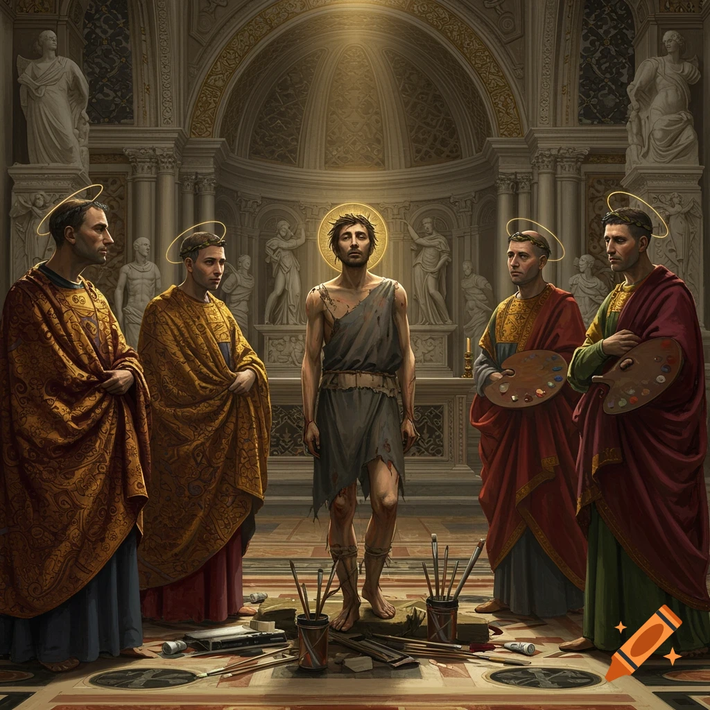 An elderly man resembling Leonardo da Vinci draws in a sunlit ...