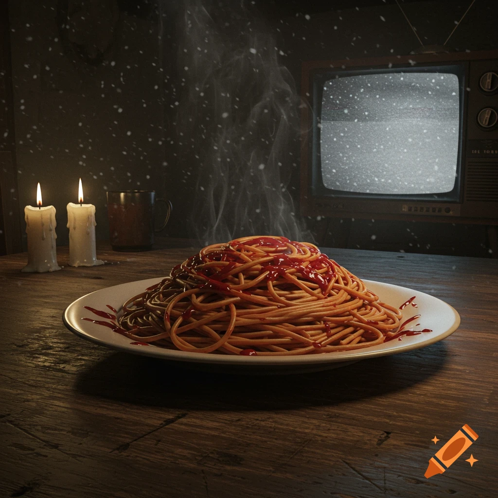 Plate of spaghetti with red sauce on a wooden table, lit by candles in ...