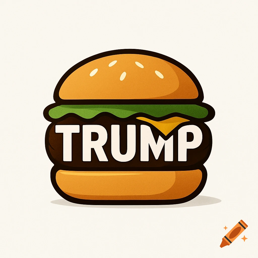 Cartoon logo of a burger with the word 'TRUMP' as the patty, on a plain ...