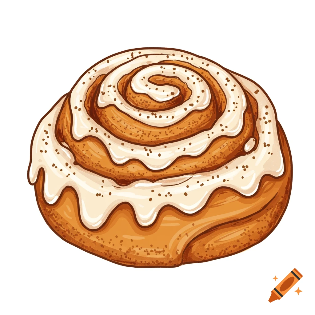 A comic style illustration of a cinnamon bun with white icing and ...