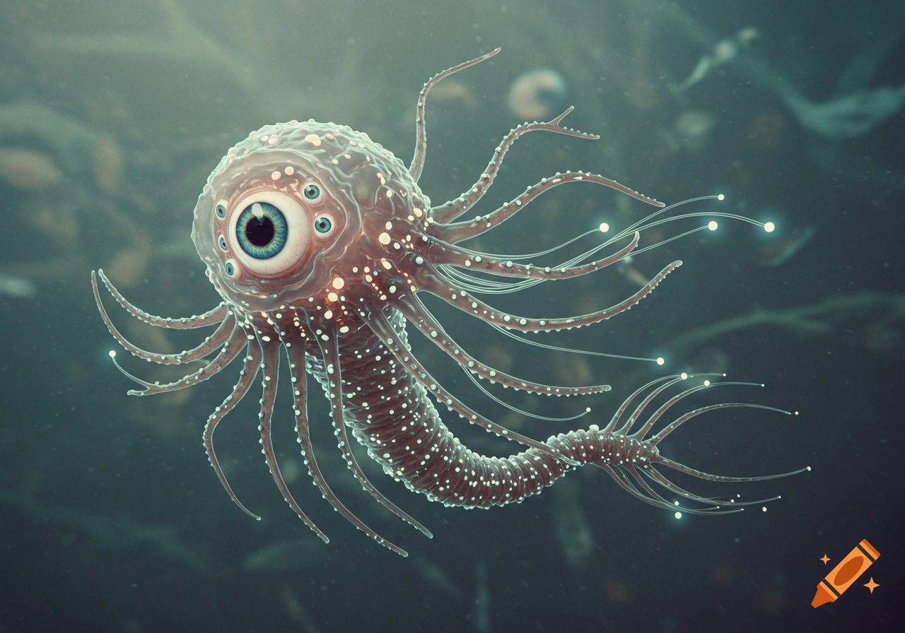 A detailed illustration of a pink blobfish floating in deep blue water ...