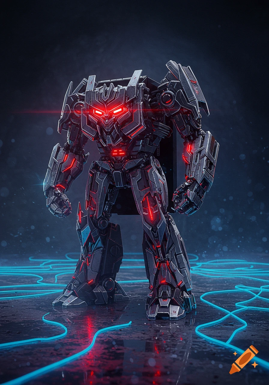 A female-shaped dark robot with glowing purple eyes stands before a ...