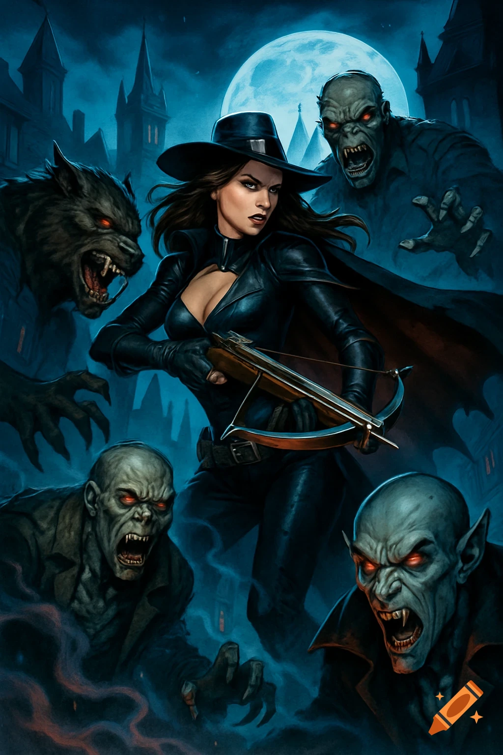 A fierce female monster hunter in black, with a crossbow, fends off ...