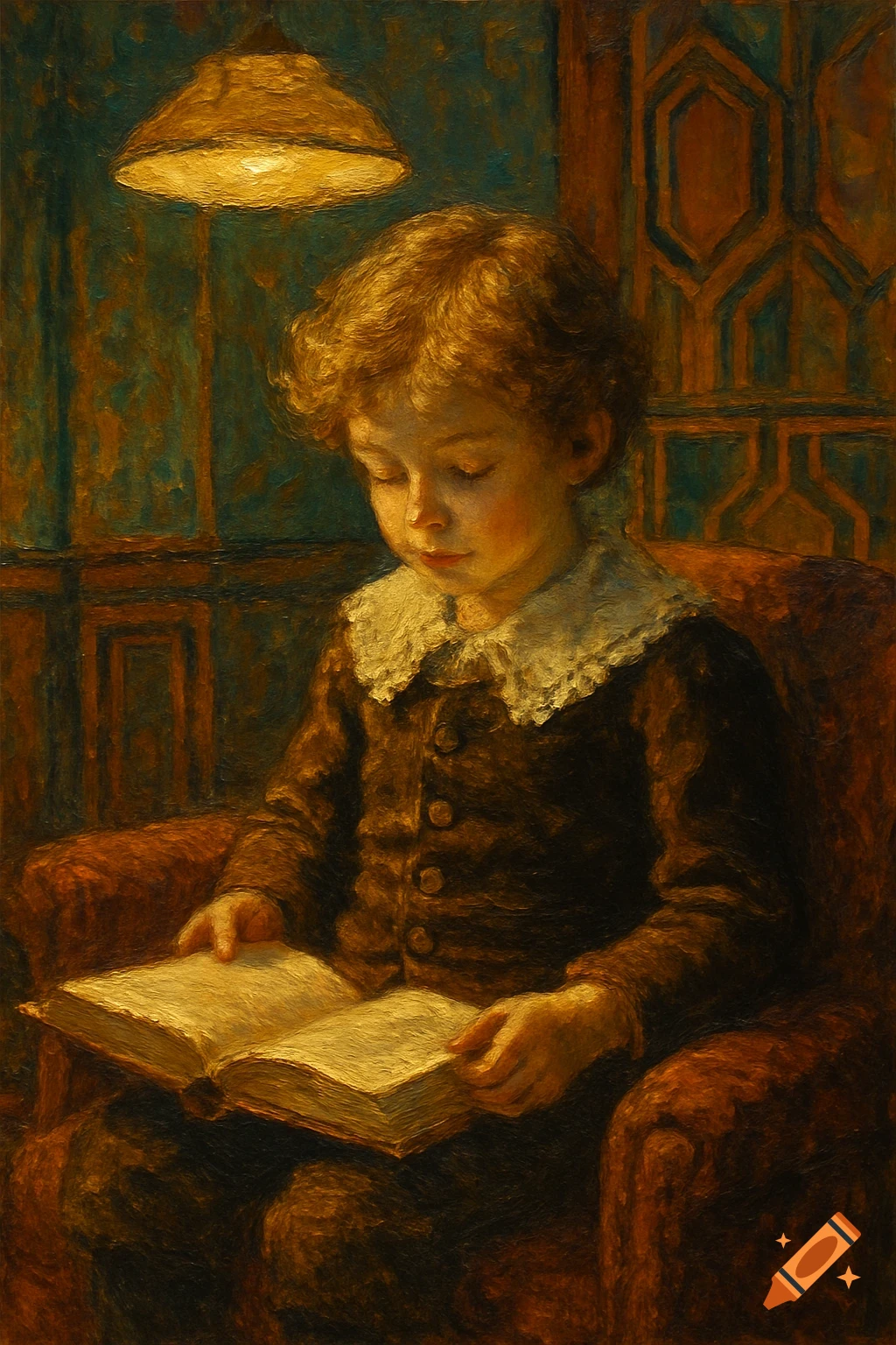 An oil painting of a child with curly hair reading a book in a dark ...
