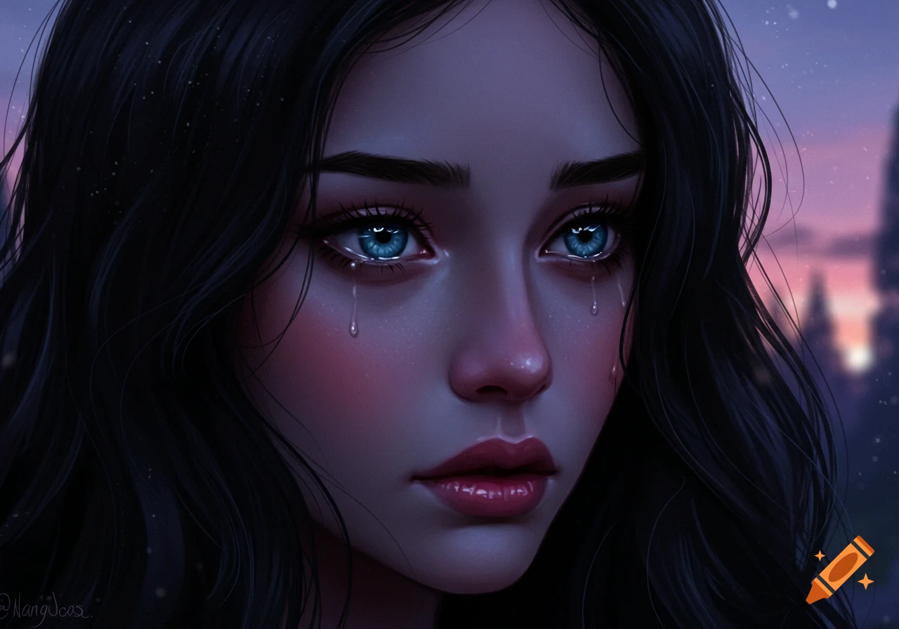 A close-up digital painting of a woman with dark hair and bright blue ...