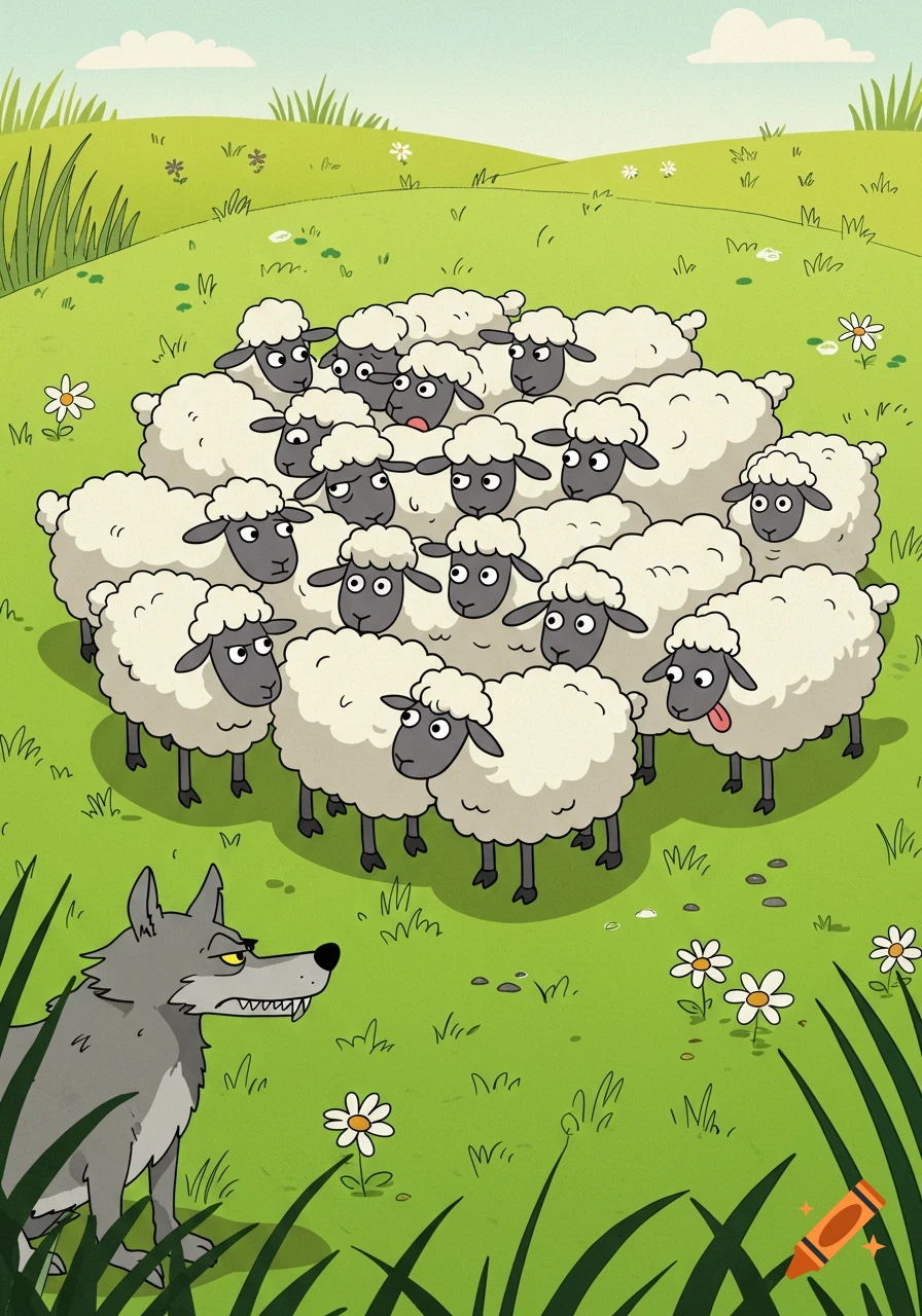 Cartoon illustration of a wolf menacing a flock of sheep huddled in a ...